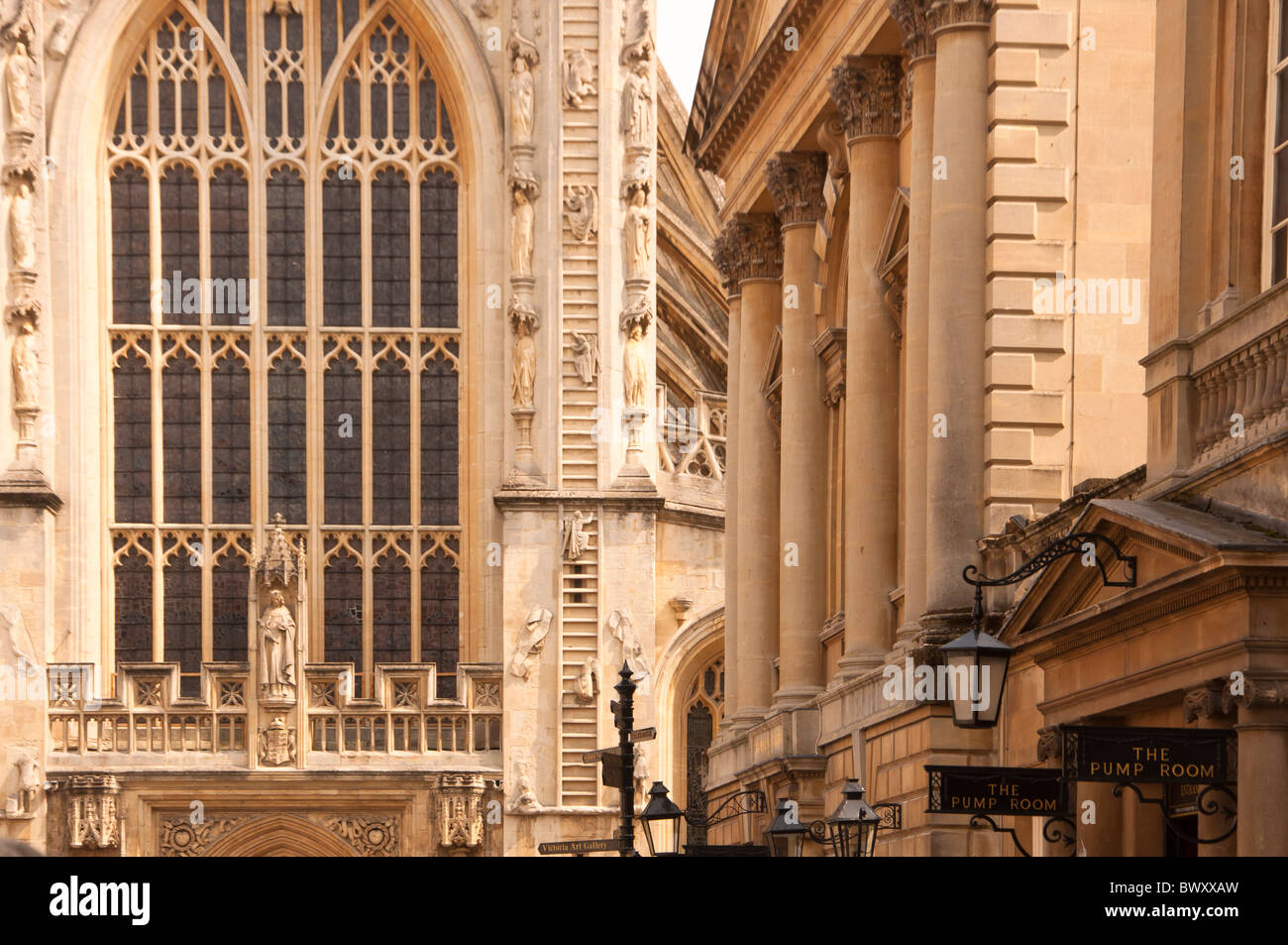 Bath Abbey ahead with the 'Pump room' entrance to the right. Bath ...