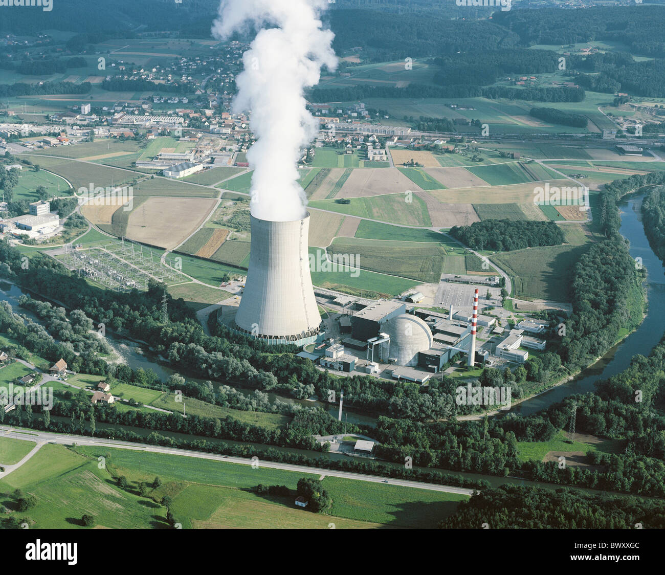 atomic power station nuclear power station outside smoking energy river ...