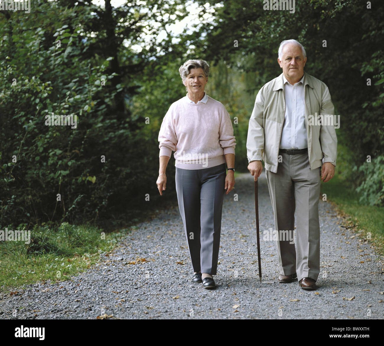 person nature walk pair couple walk wood forest way forest road Stock ...