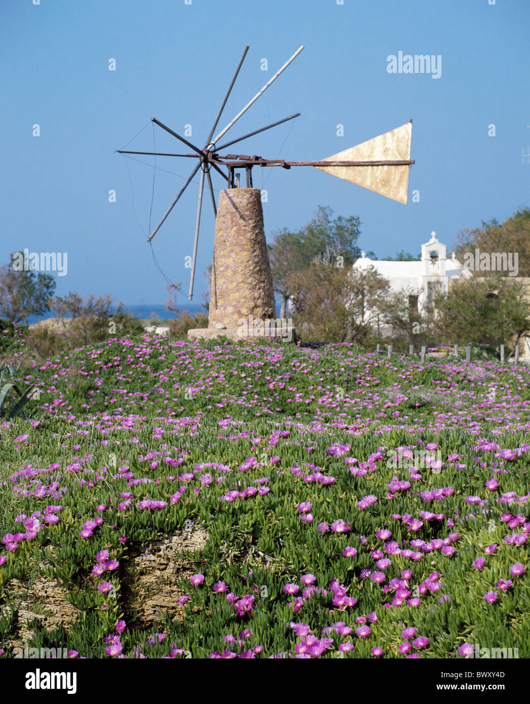 Greece Crete windmill landmark meadow flowers Stock Photo - Alamy