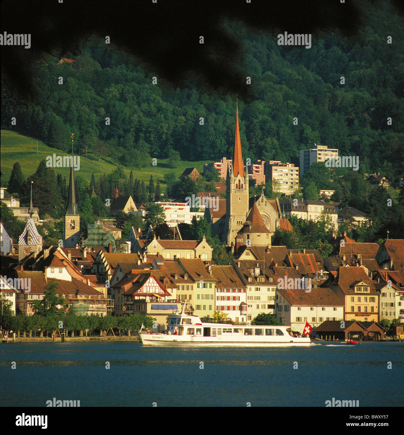 view passenger boat ship lake Zug Switzerland Europe lake sea town city ...