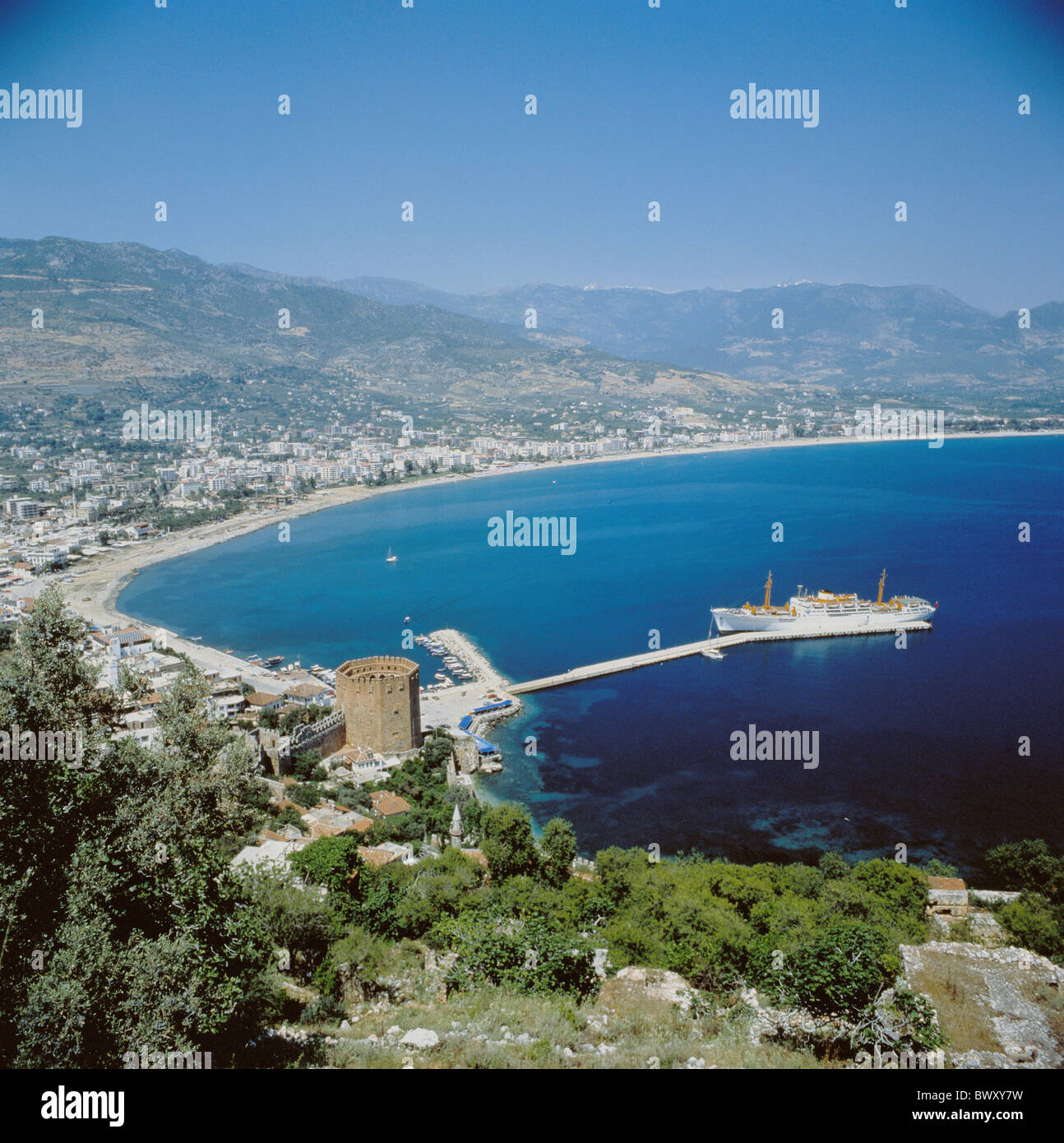 Turkey Alanya overview harbour port castle ship beach seashore castle ...