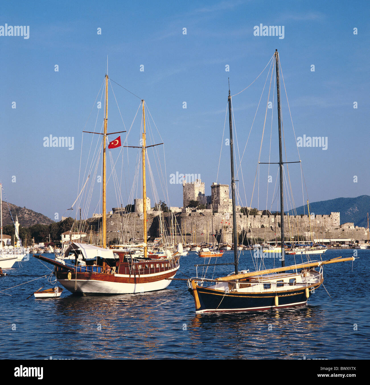 evening view Bodrum boats harbour port fort Turkey Stock Photo - Alamy