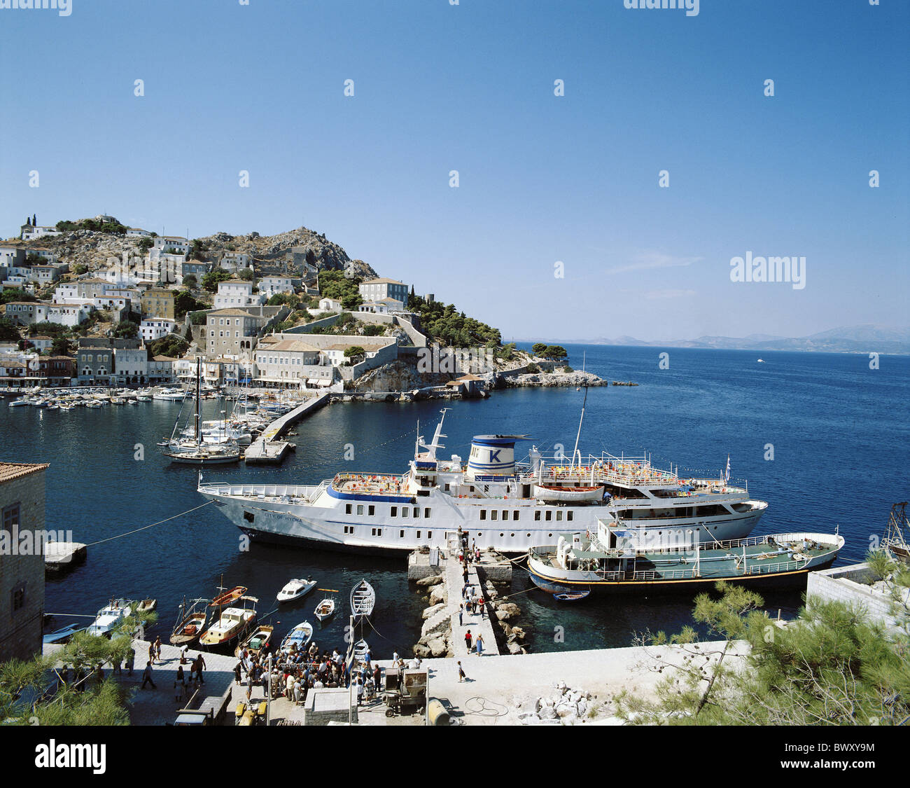 boats Greece harbour port houses homes hydra islands isles ships ...