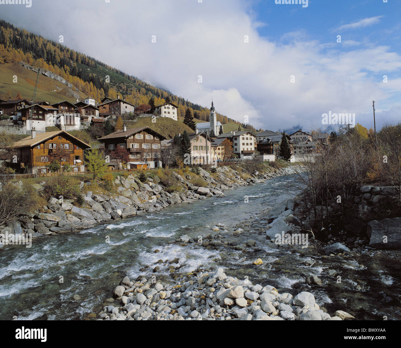 Switzerland Europe Graubunden Grisons Mesocco Misox view Moeasa river ...