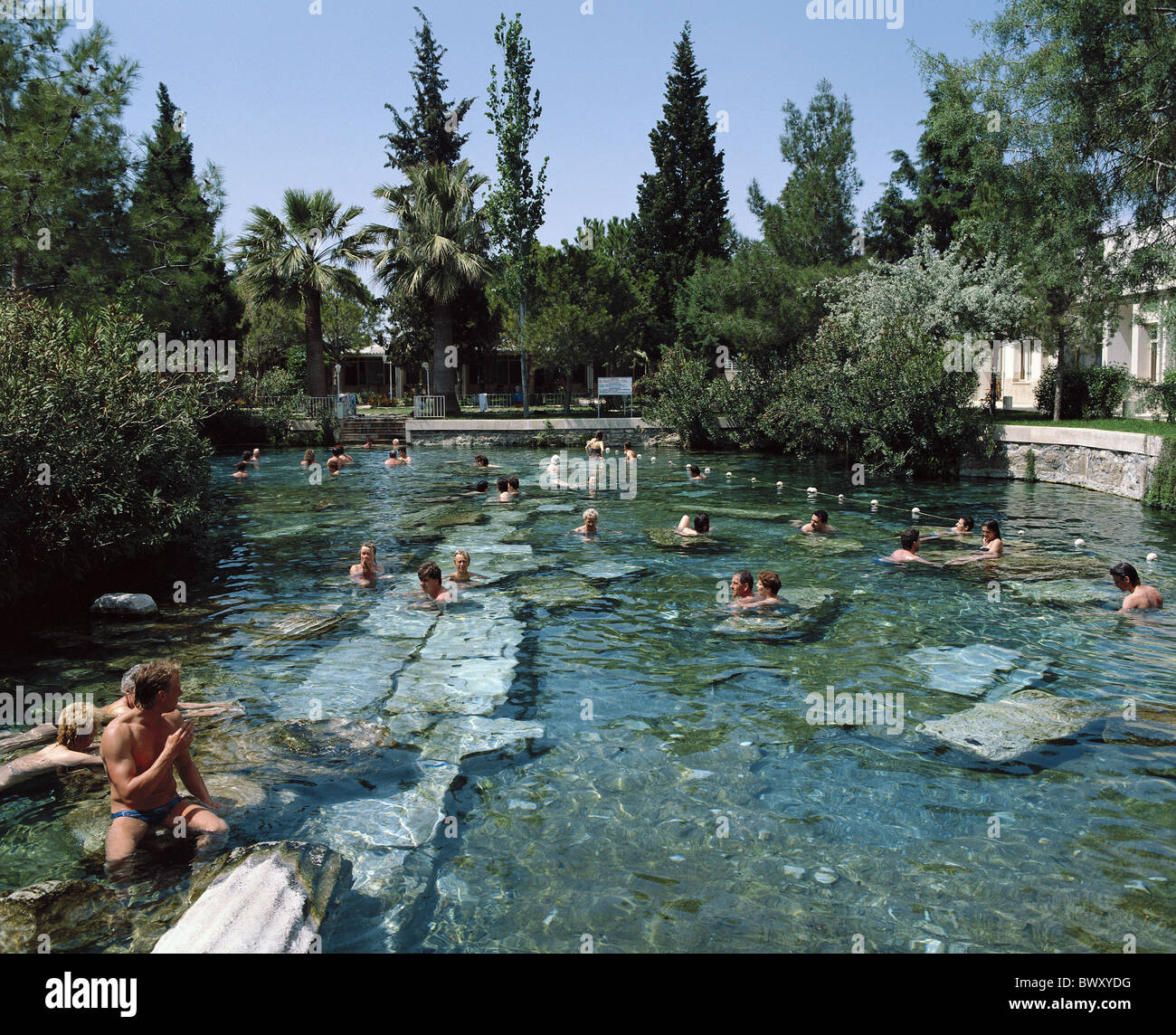 Turkey Pamukkale thermal bath bathers trees bathing Stock Photo - Alamy
