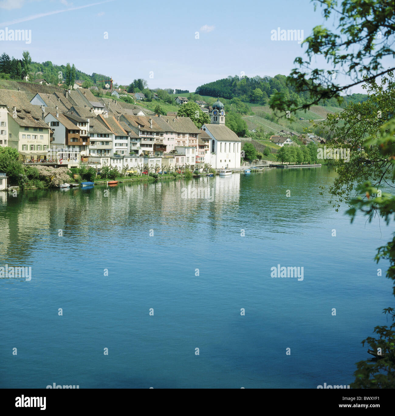 village view Eglisau facades river flow Quai Switzerland Europe Zurich ...