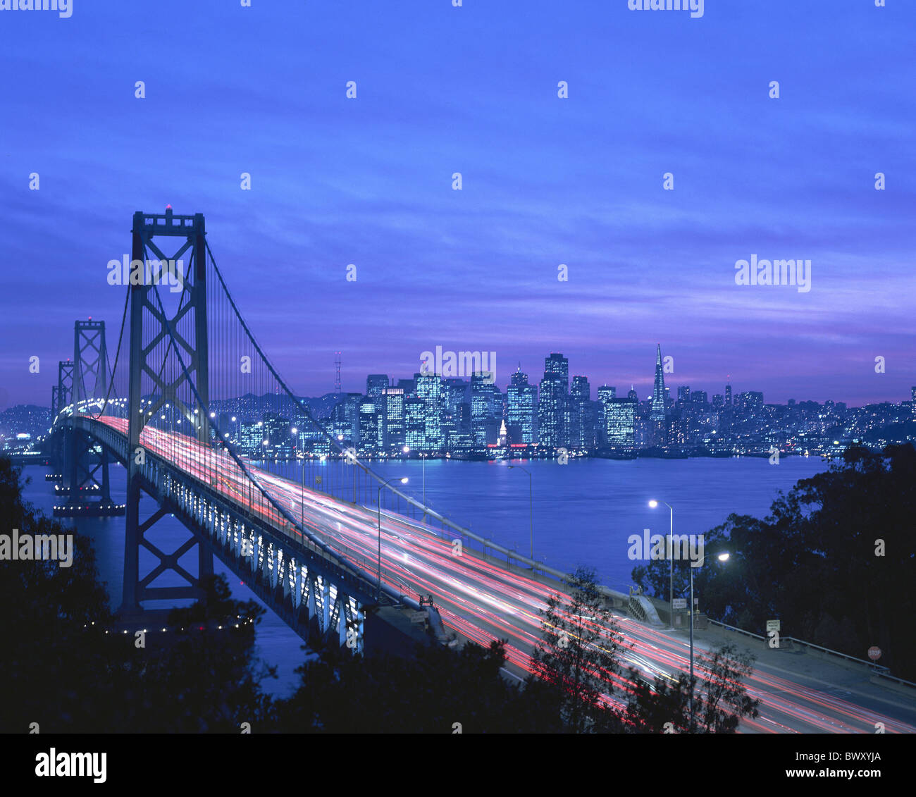 Bay bridge lights at night San Francisco skyline USA America North ...
