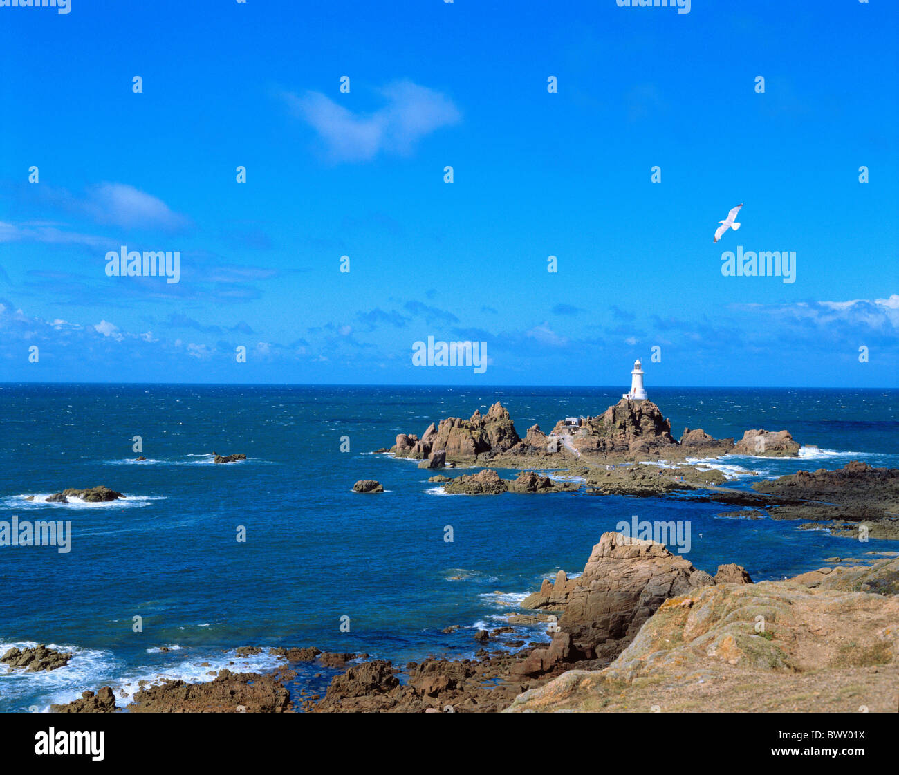 Corbiere rock cliff Jersey coast lighthouse sea shipping canal island Stock Photo - Alamy