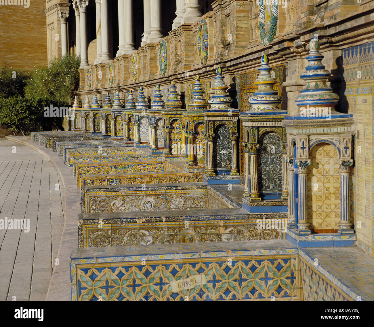 Spain Europe Andalusia Seville Plaza de Espana detail painted niches ...
