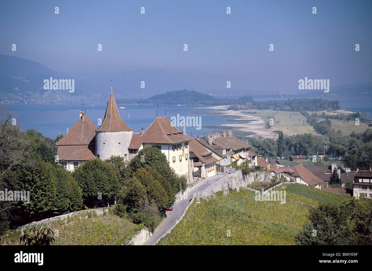 Switzerland Europe canton Bern Erlach castle village lake Biel lake sea ...