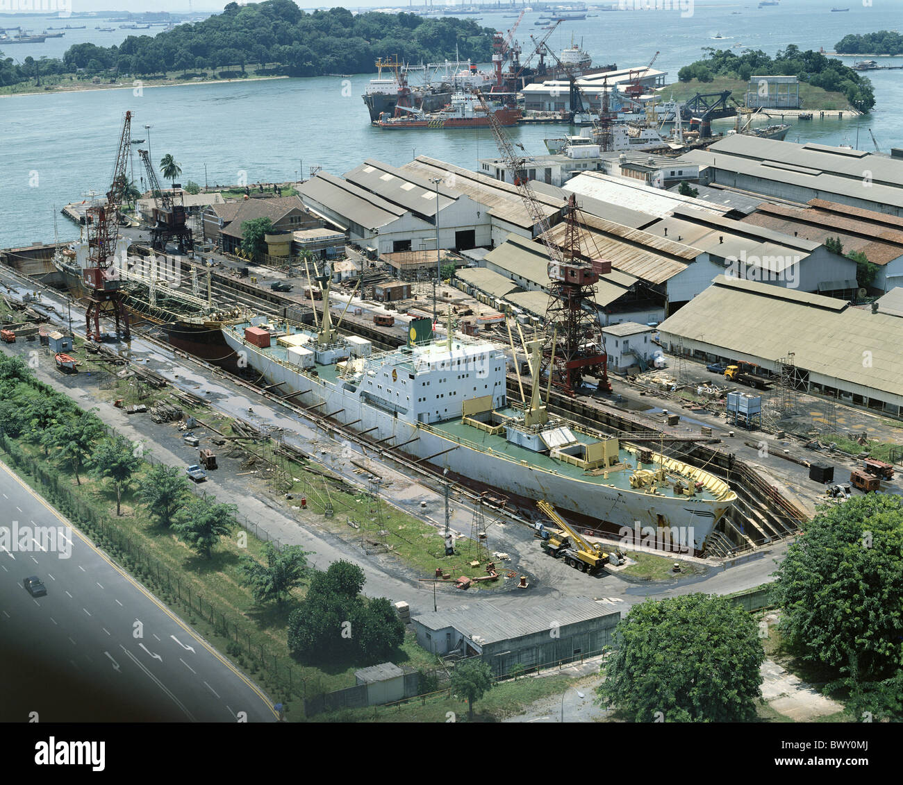 cranes warehouses harbour port industry ship ships Singapore Asia dry ...