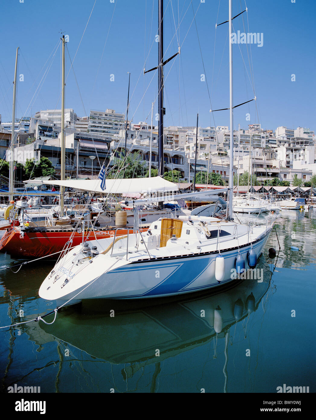 Greece harbour port houses homes Piraus sail yachts yacht harbour Stock ...