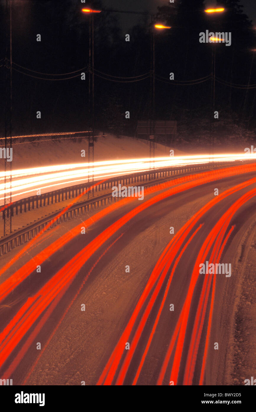 at night highway light queue time exposure night overview red snow ...