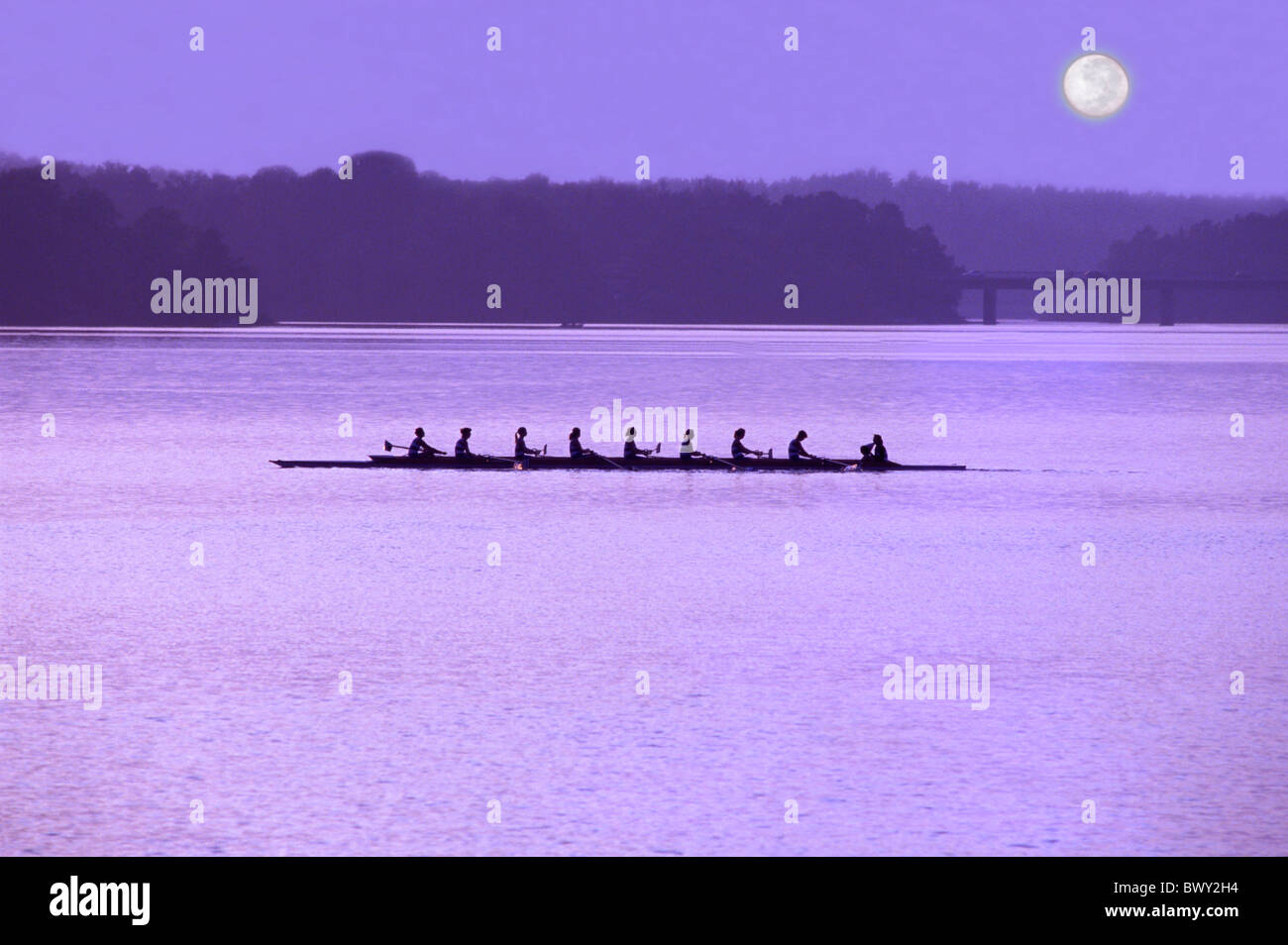 dusk eight group lake mood rowing boat sports team rowing oar twilight ...