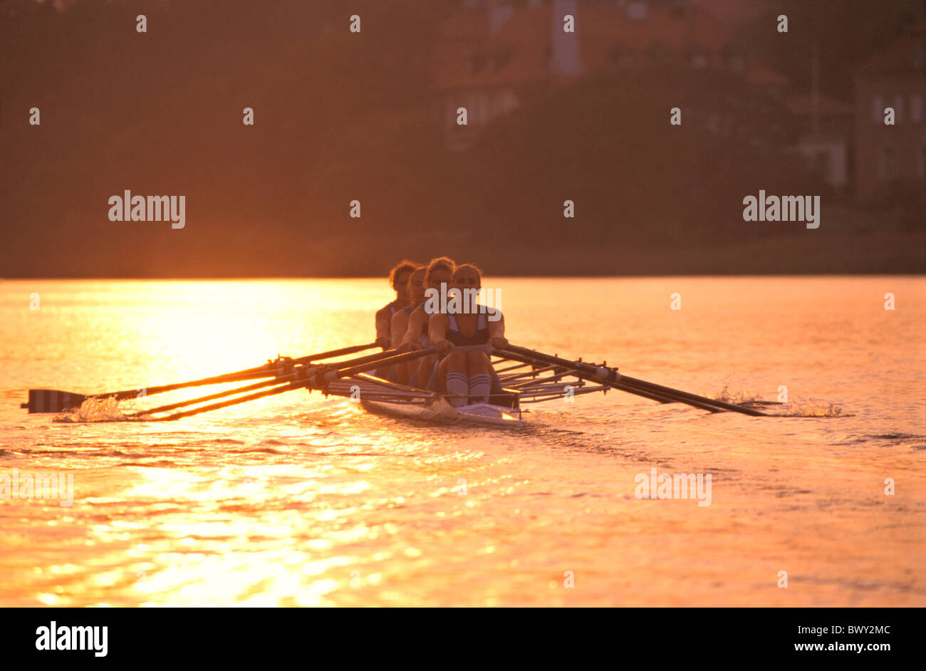 eight group lake mood rowing boat sports team rowing oar women woman ...