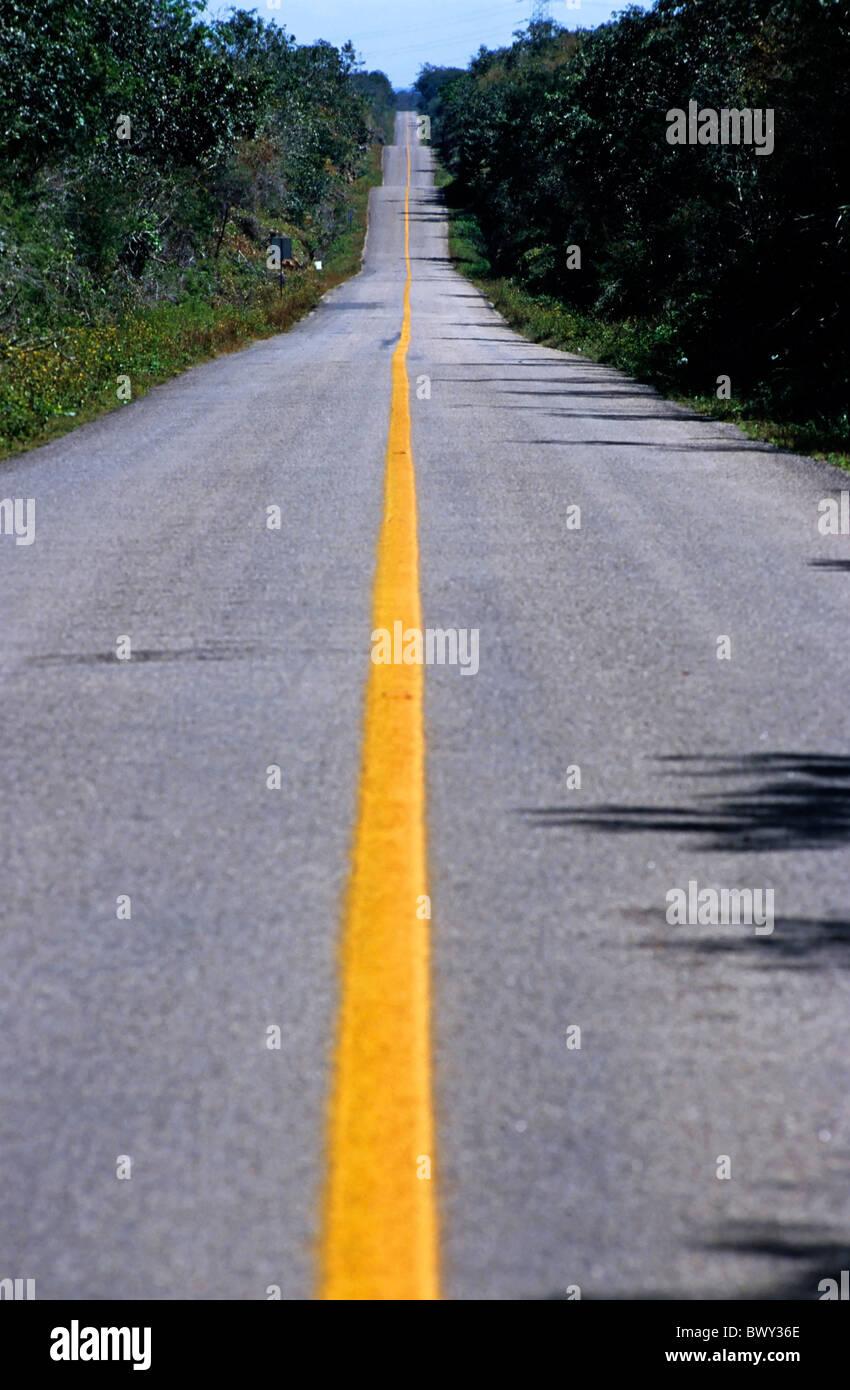 Yellow dividing line marking an empty road between Uxmal and Kabah ...