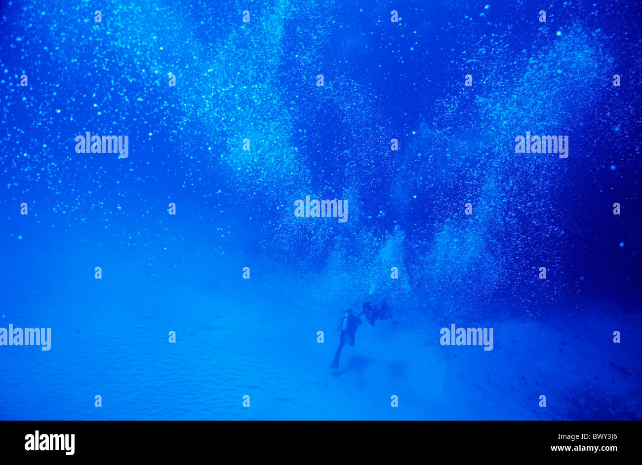 Two divers swimming in deep blue waters Stock Photo - Alamy