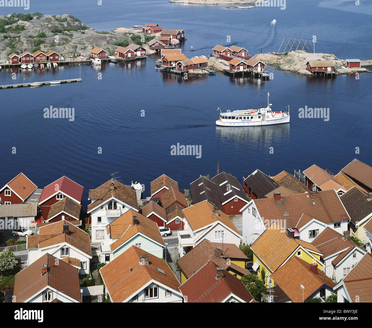 boats roofs rock islands fjords Hunnebostrand Sweden Europe overview ...