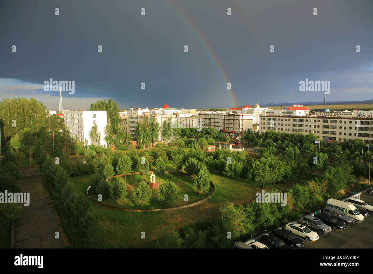 Magnificent rainbow over the city, Shihezi, Xinjiang Uyghur Autonomous ...