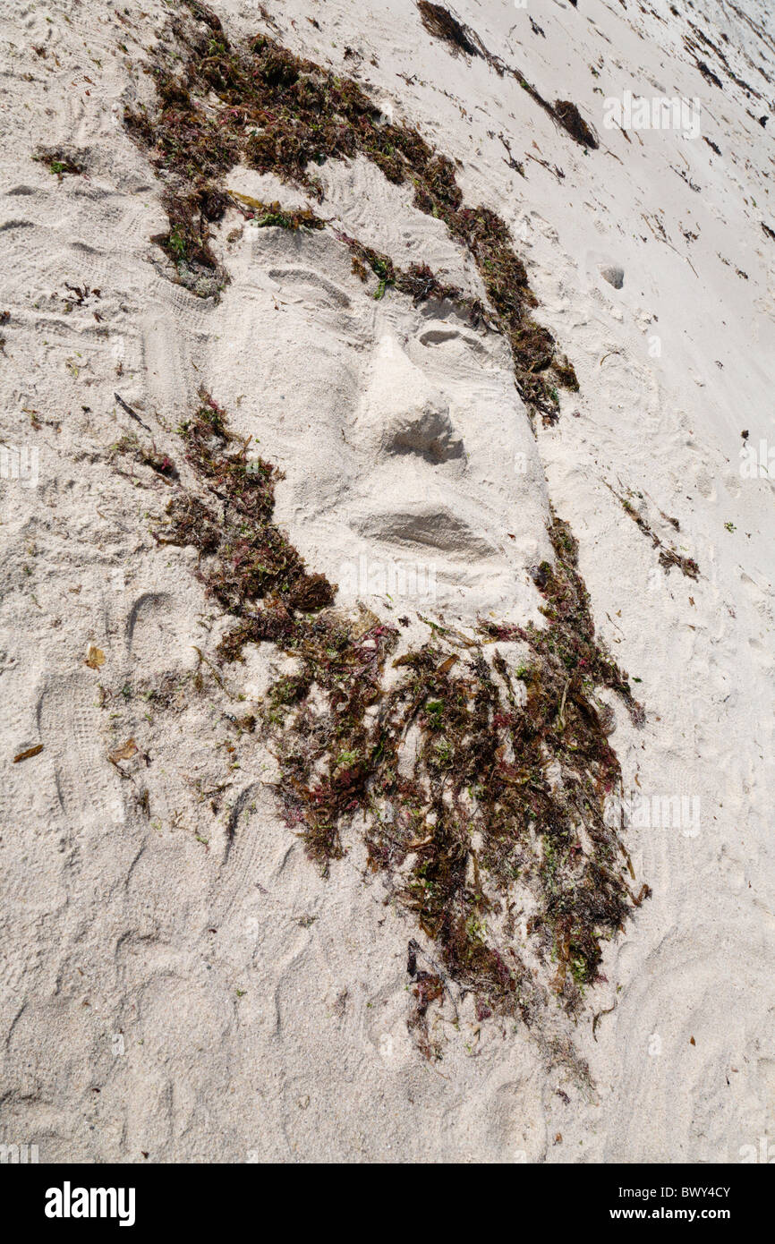 Face made from sand and seaweed on a Scilly Isles beach Stock Photo - Alamy