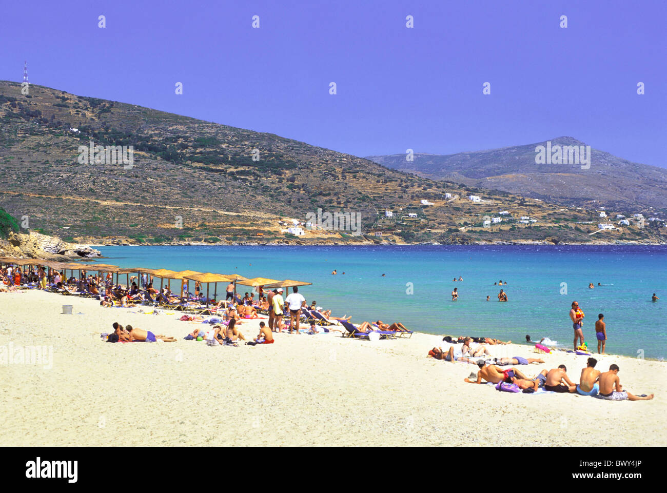 Andros bathers bathing beach coast Golden Beach sand Greece Europe ...