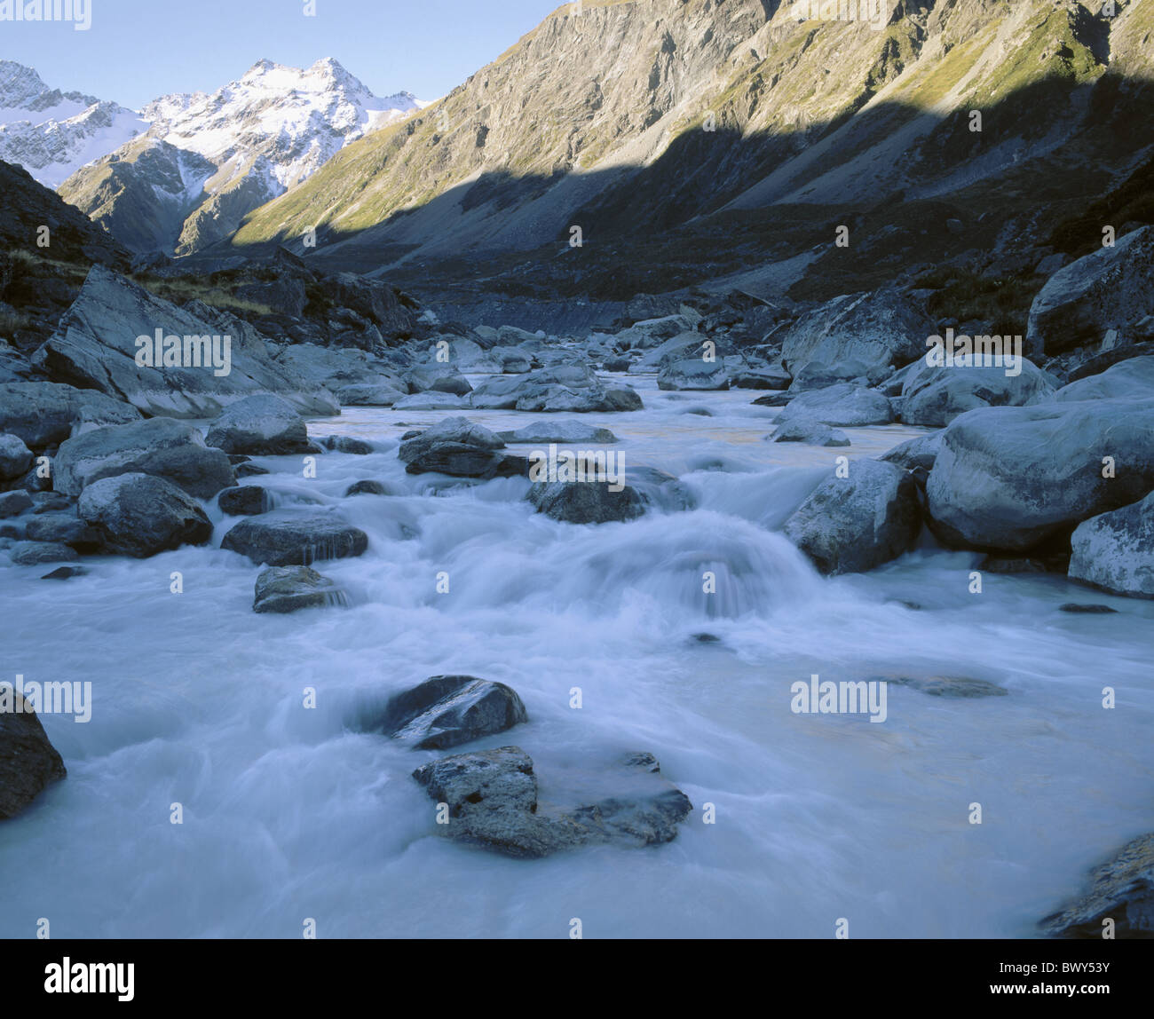mountains river flow Hooker River Mount Cook national park New Zealand ...