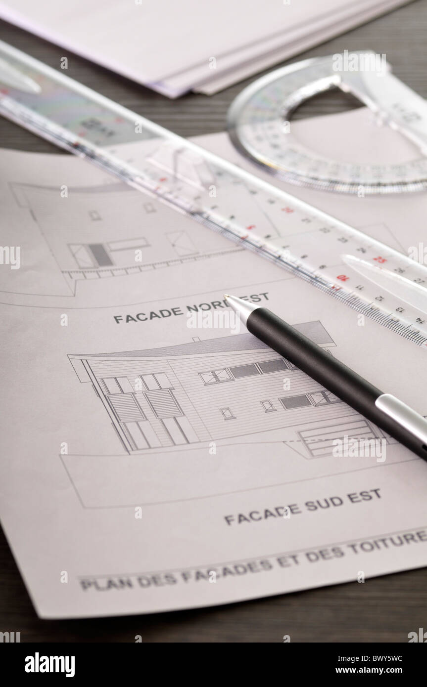 Diagram of Building with Pen and Ruler Stock Photo - Alamy
