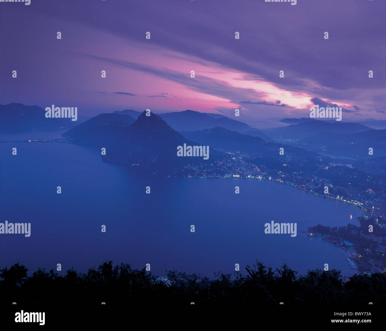 at night Canton Ticino lake lake of Lugano Lugano mood night overview ...