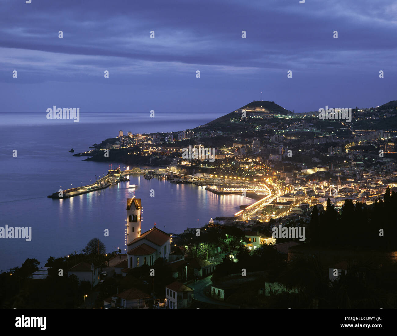Funchal harbour port coast Madeira sea night at night Portugal town ...
