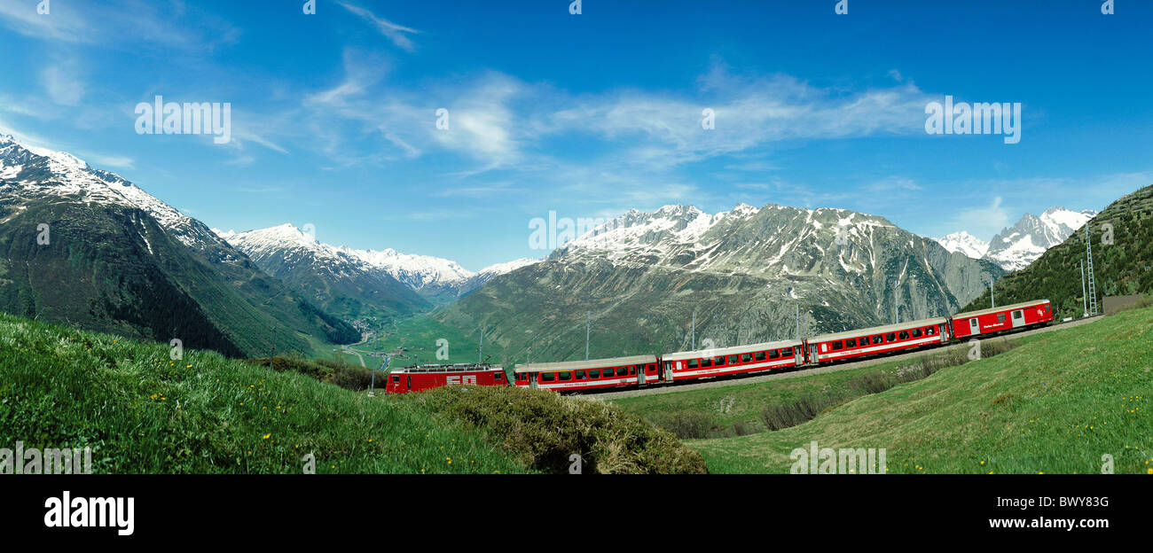 railway mountains Furka Oberalp Glacier express train Oberalp alpine Alps Oberalp pass panorama ...