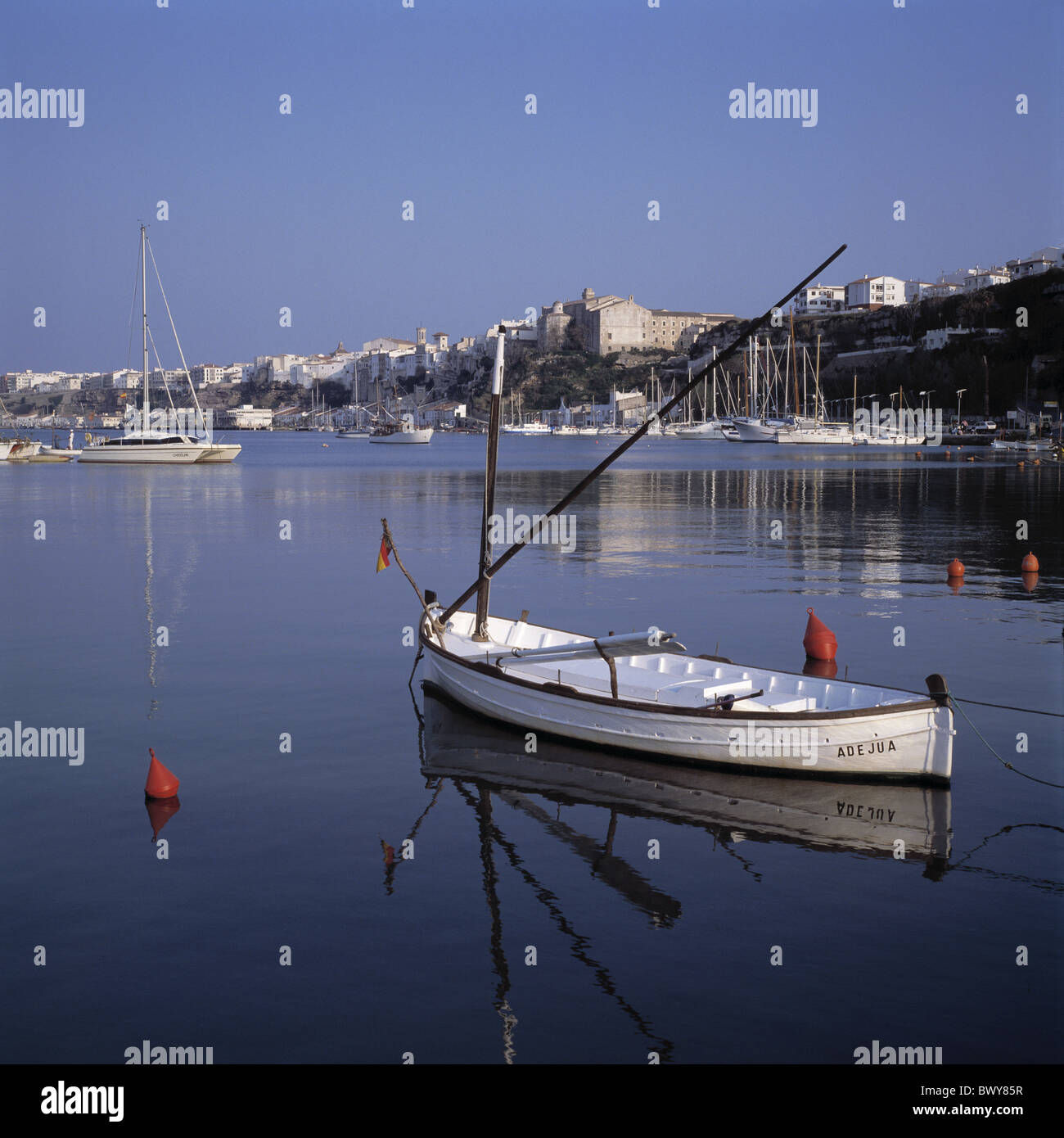 Balearic Islands boat fishing boat harbour port Mahon sea Menorca Spain ...