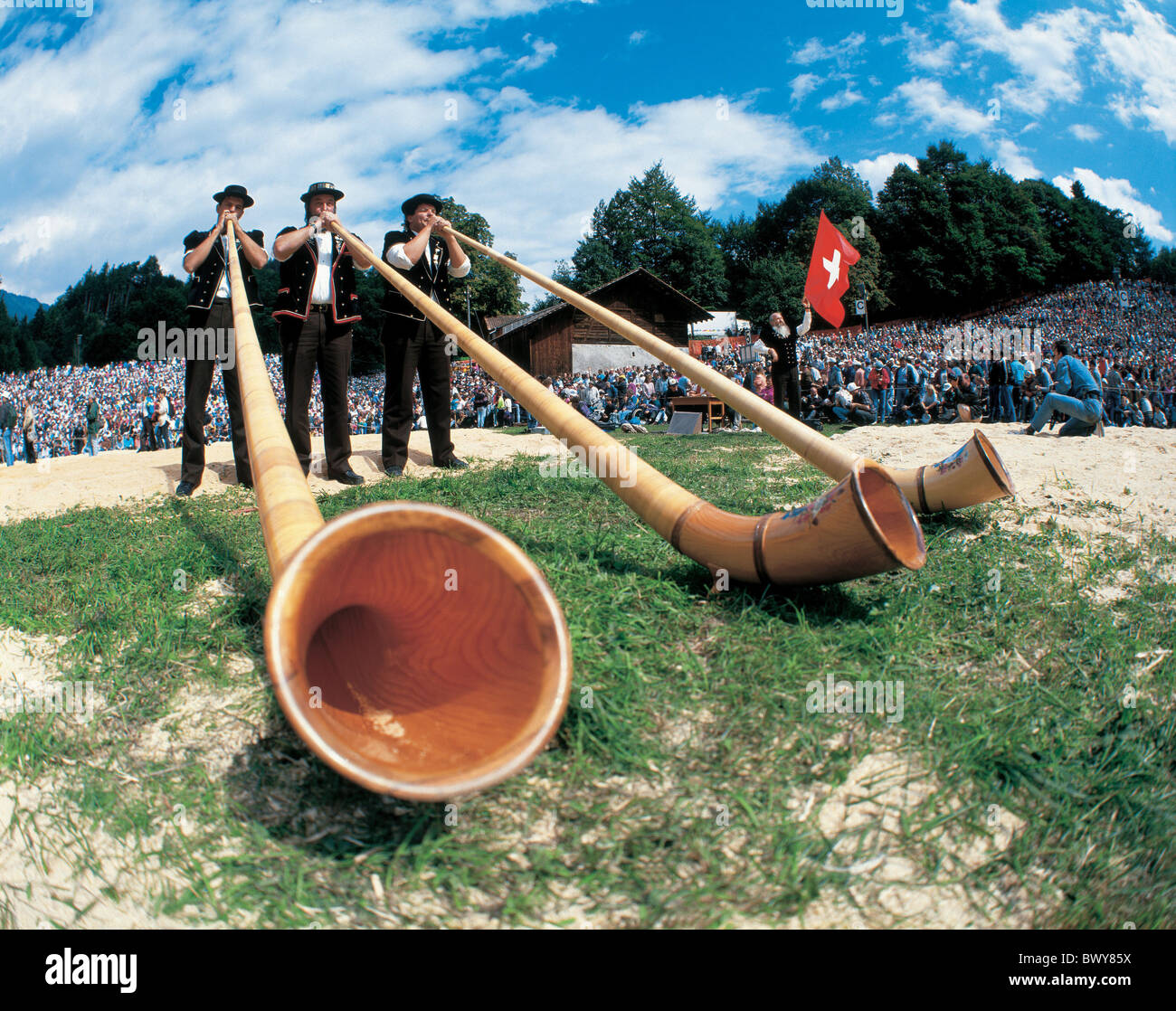 Alphorn blower Berne Canton Bern festival flag flag thrower folklore ...