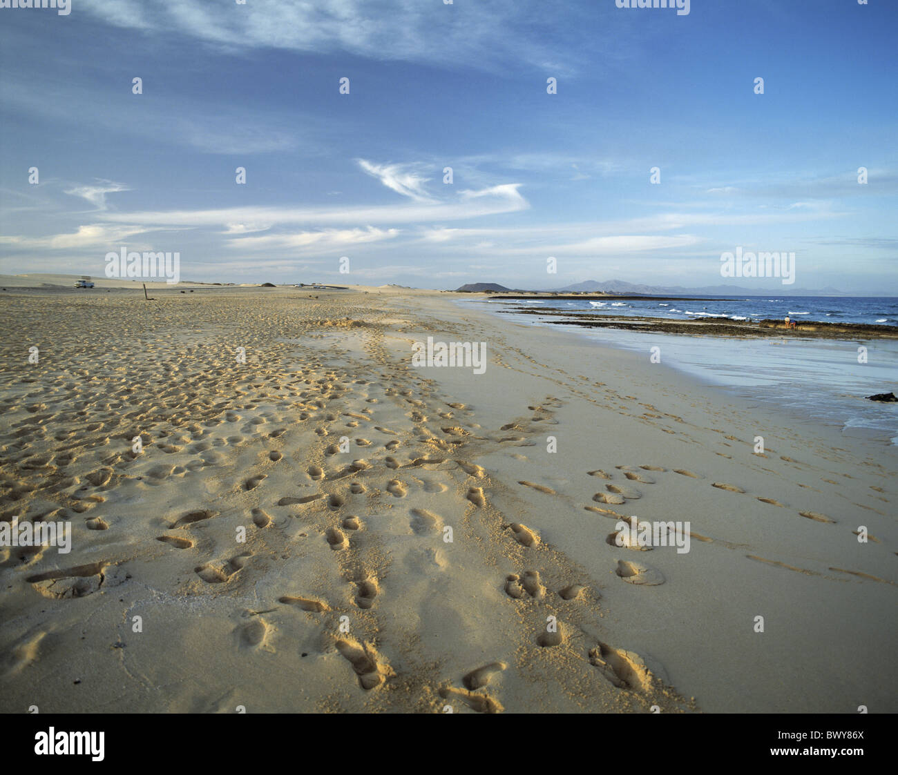 Corralejo Fuerteventura footprints Canary islands isles empty sea sand ...