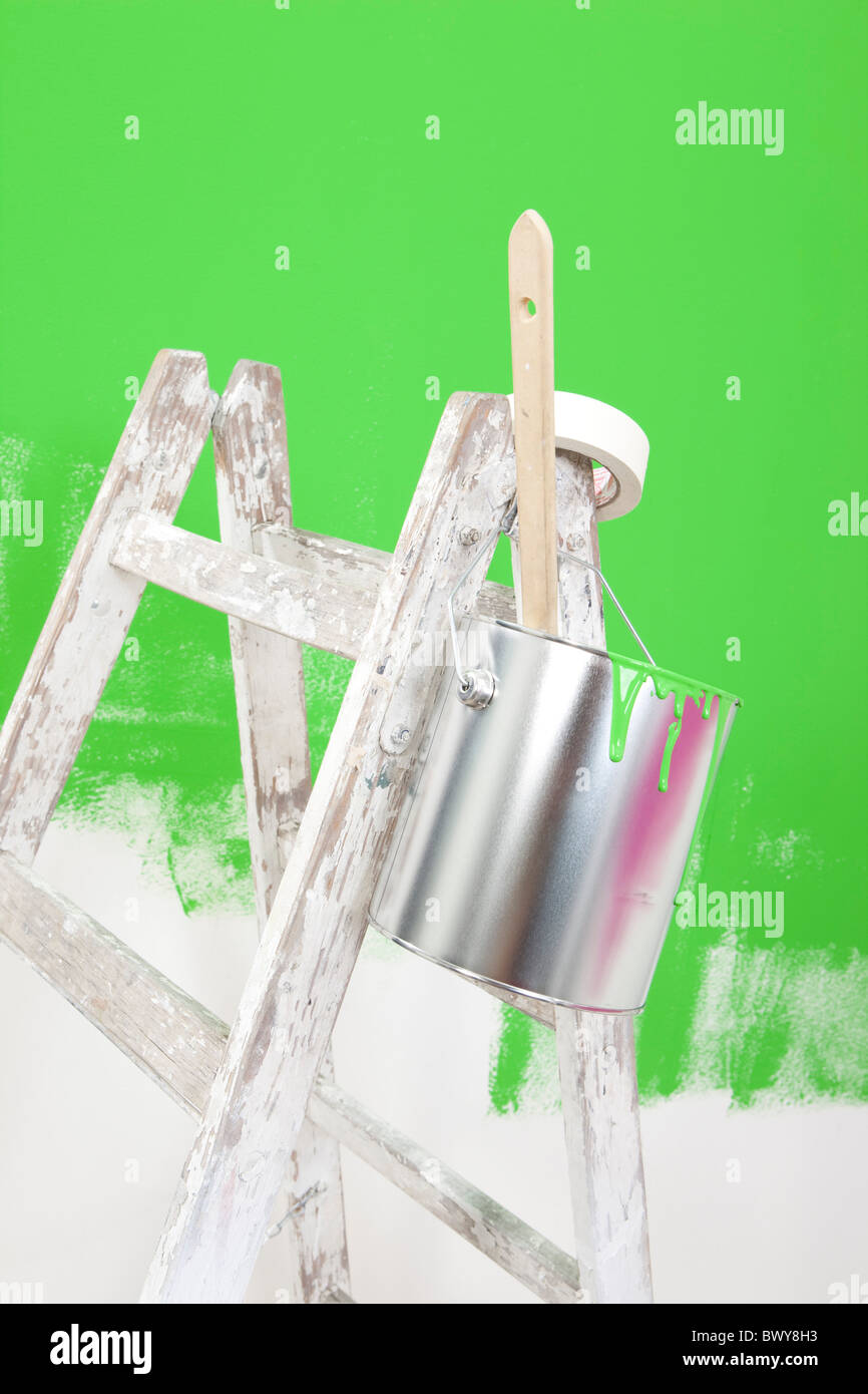 Paint Bucket and Ladder in Green Room Stock Photo - Alamy