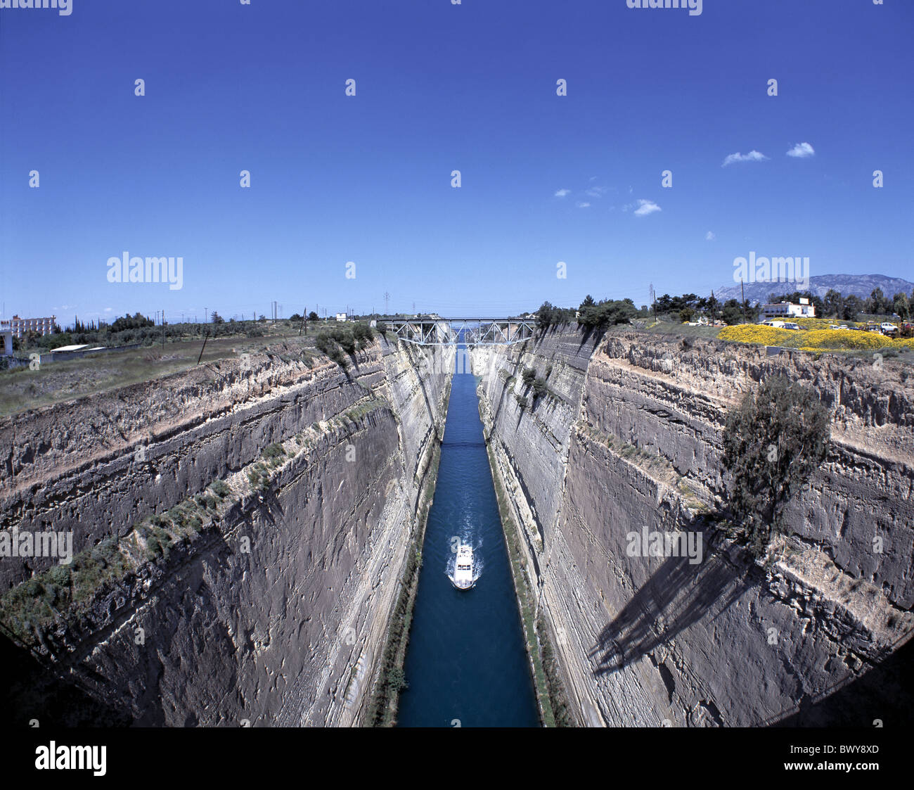 Greece canal channel of Korinth Korinthia Peloponnesus ship Stock Photo ...