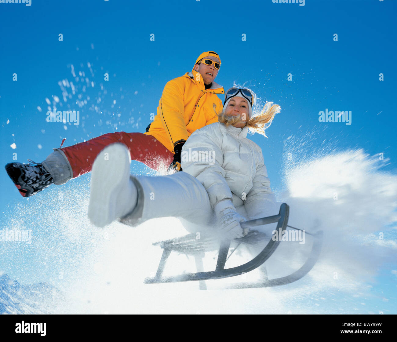 couple Dynamic fly flying fun joke jump mountains sky sledge sleigh ...
