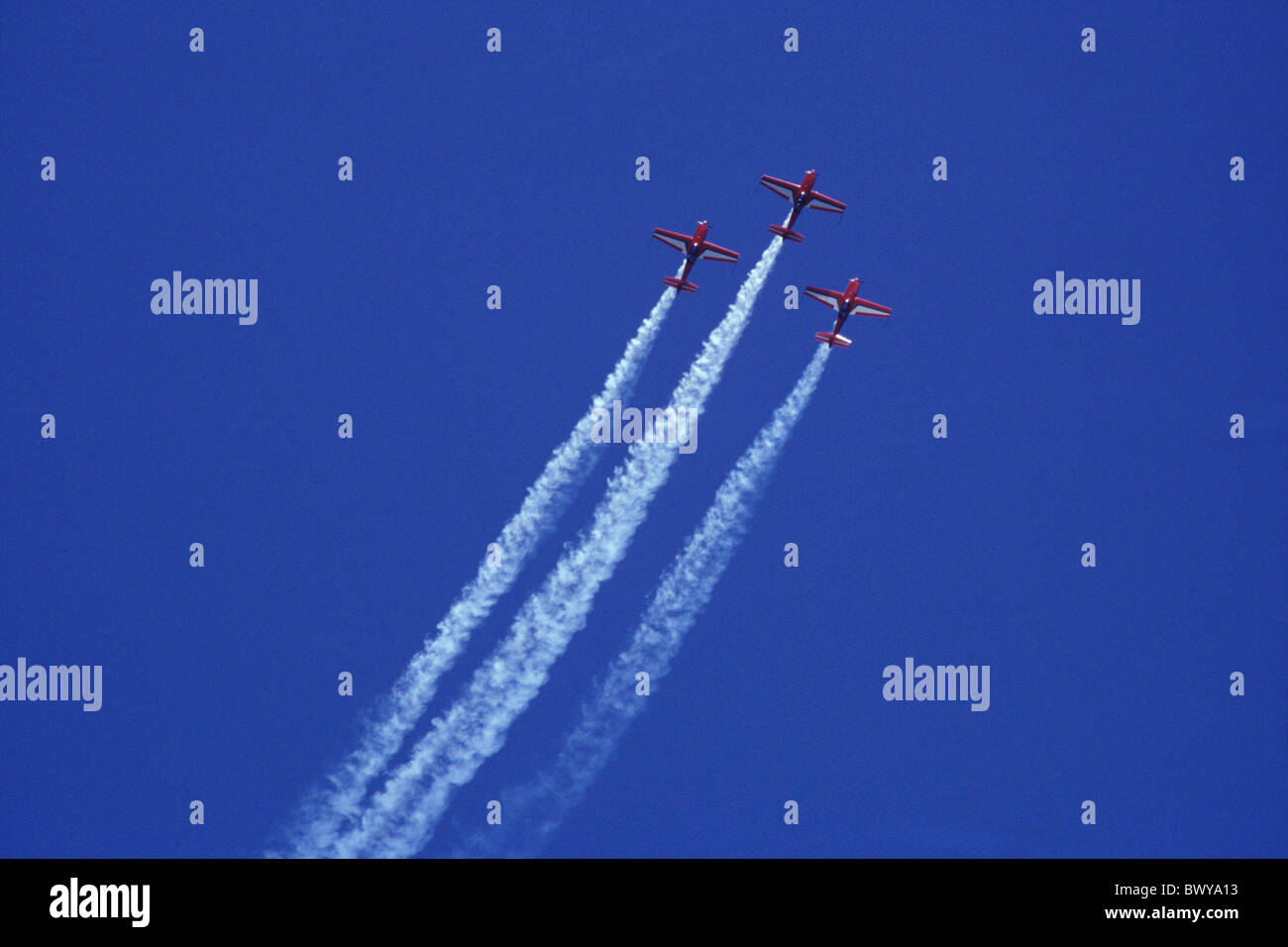 Airshow three airplanes flight show sky aerobatics aviation smoke relay ...