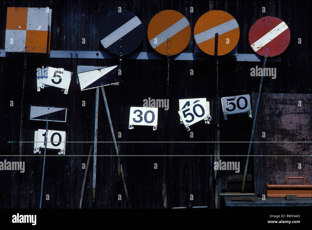 railway various boards railroad wooden wall signs signals symbols Stock ...