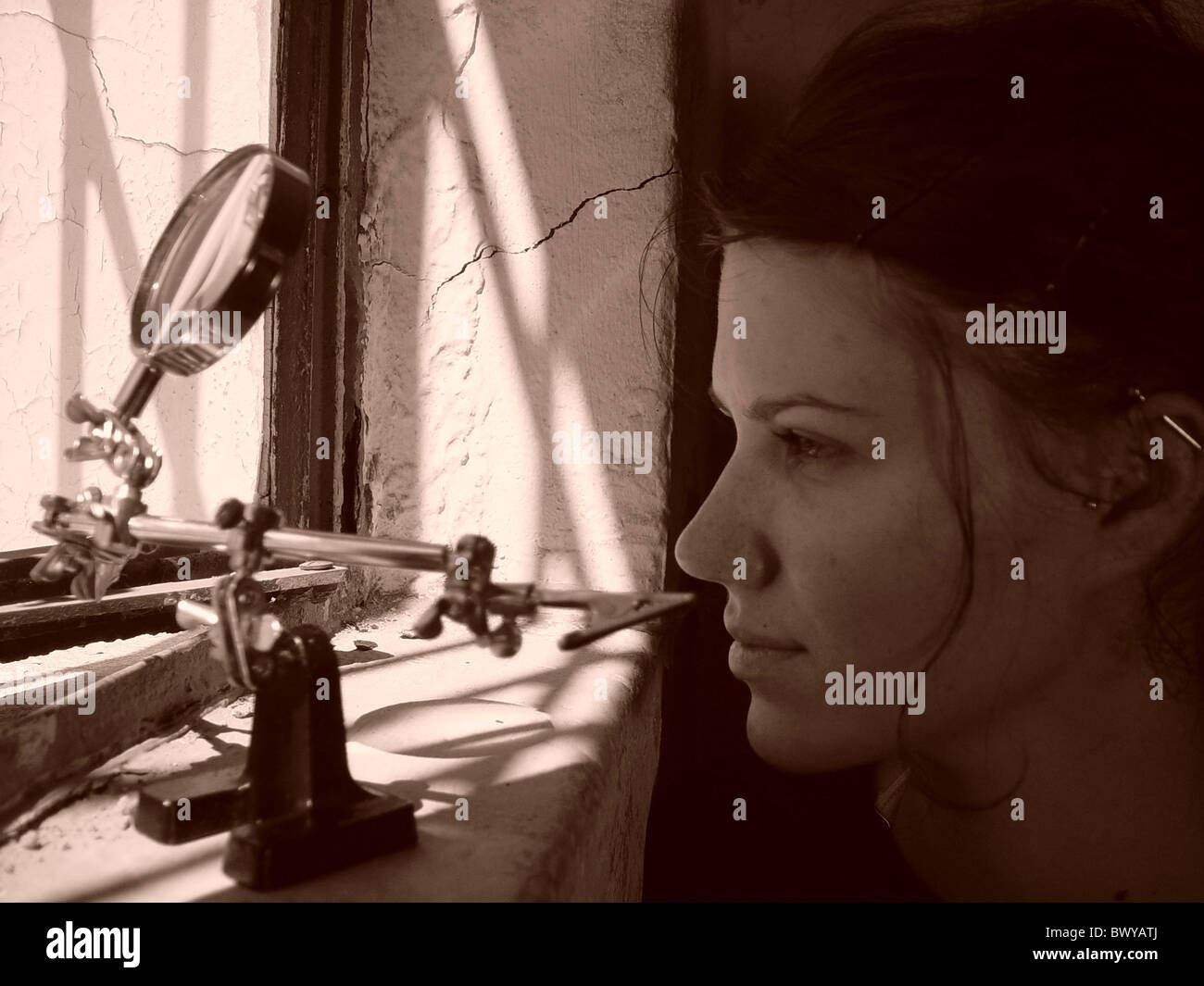 studio occupation profession window woman craft inside magnifying glass ...