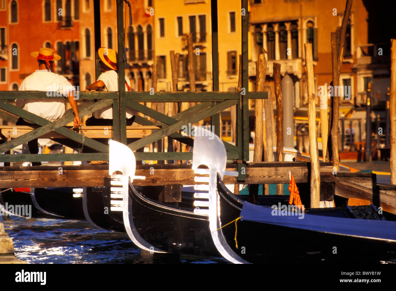 gondolas gondoliers Grand Canal wooden footbridge Italy Europe ...