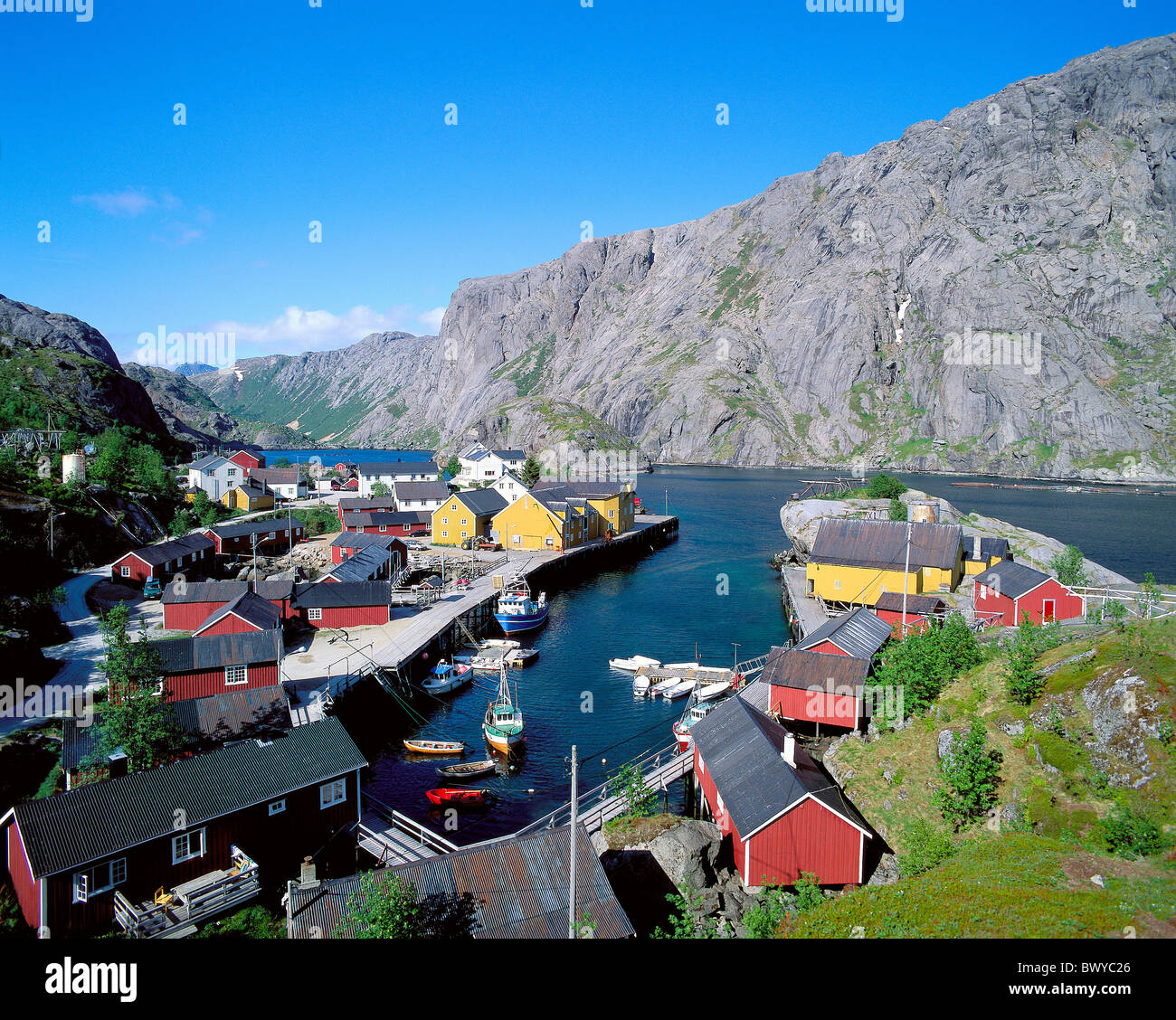 Norway Europe Lofoten Nusfjord timber houses Rorbus fishing boats ...