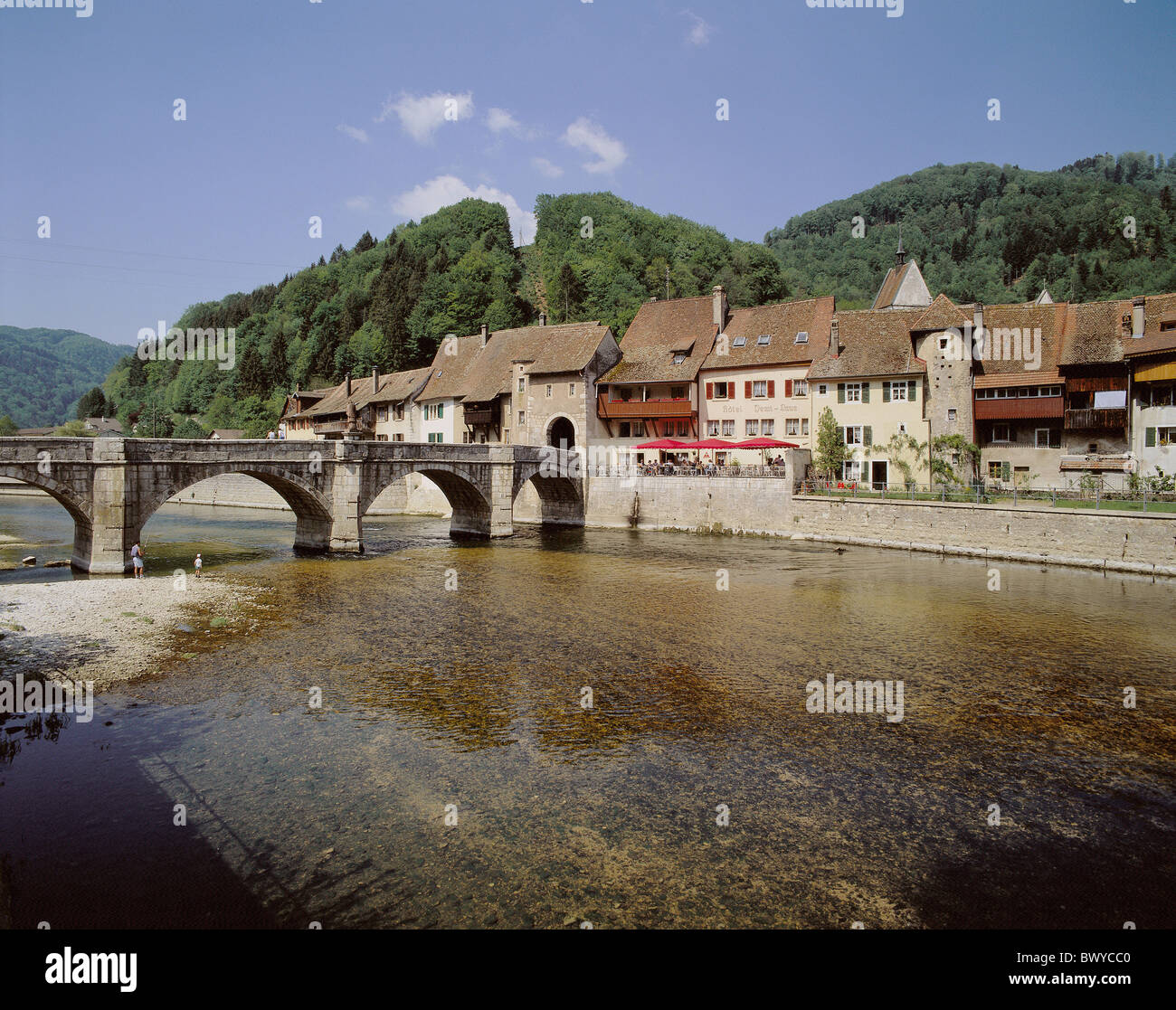 Switzerland Europe canton Jura Saint Ursanne Doubs bridge town gate ...