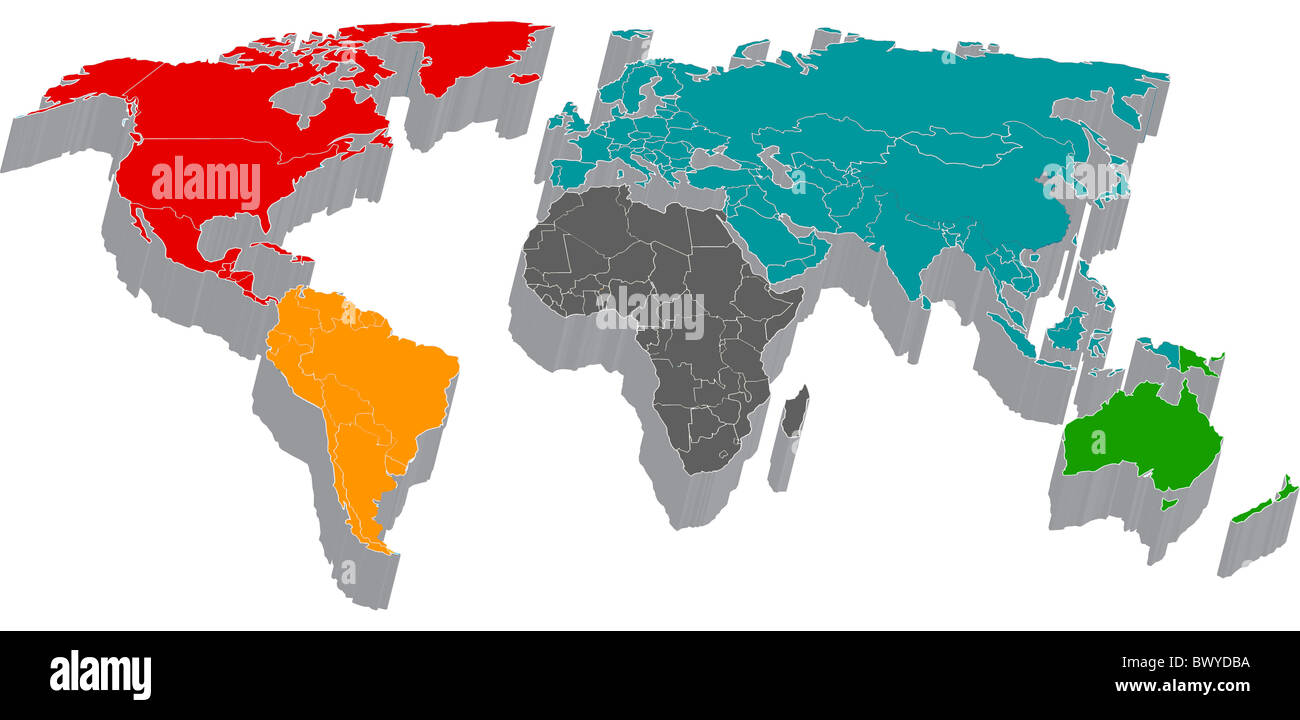 There is a 3d map of the world, colorful by continent Stock Photo - Alamy