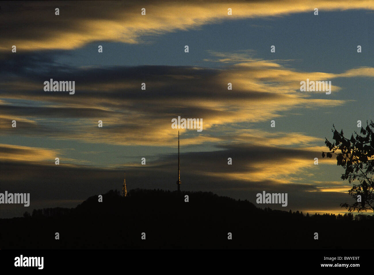 antenna Canton Zurich dusk hill mood Uetliberg Switzerland Europe tower ...