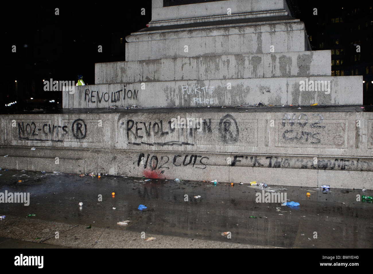 Base of nelson's column after students leave demo in London Stock Photo ...