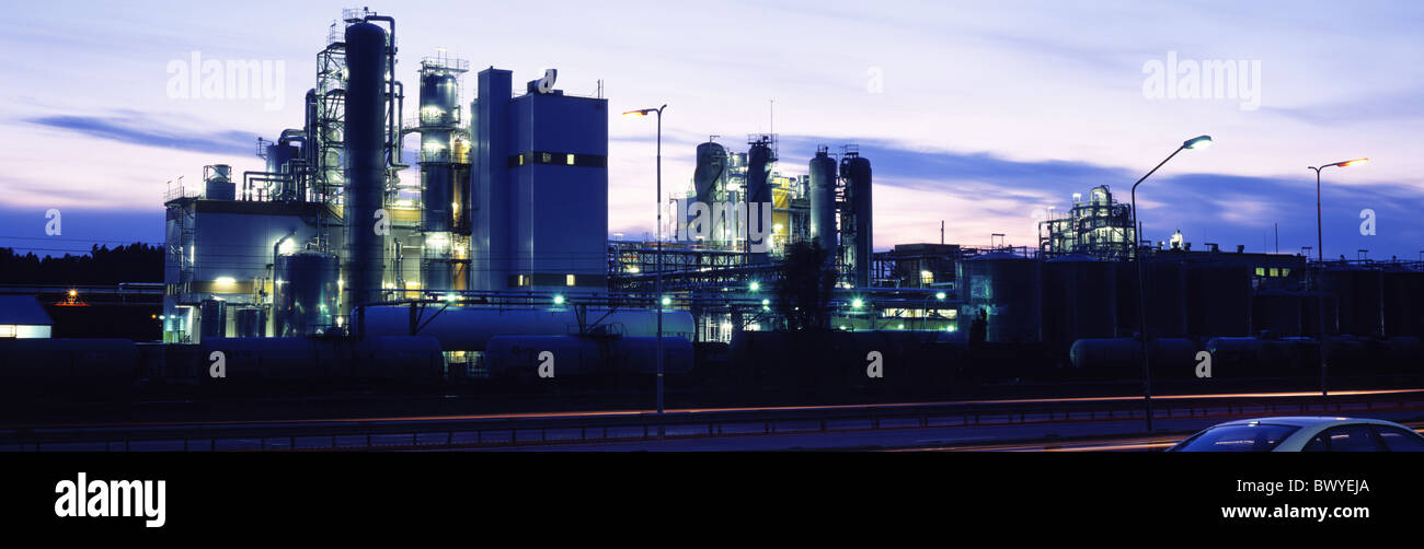 arrangement enclosure outside chemical factory industry lights at night ...