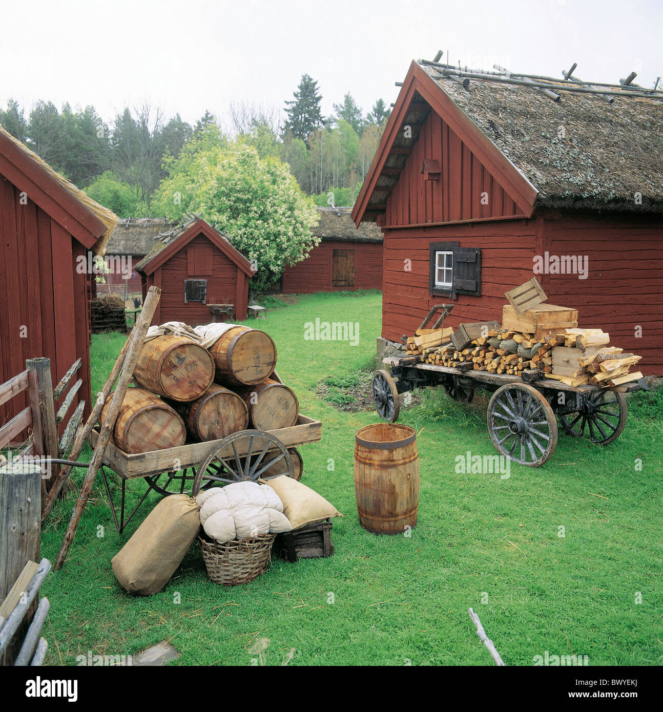 village barrels historical timber houses carts cart Sweden Europe ...