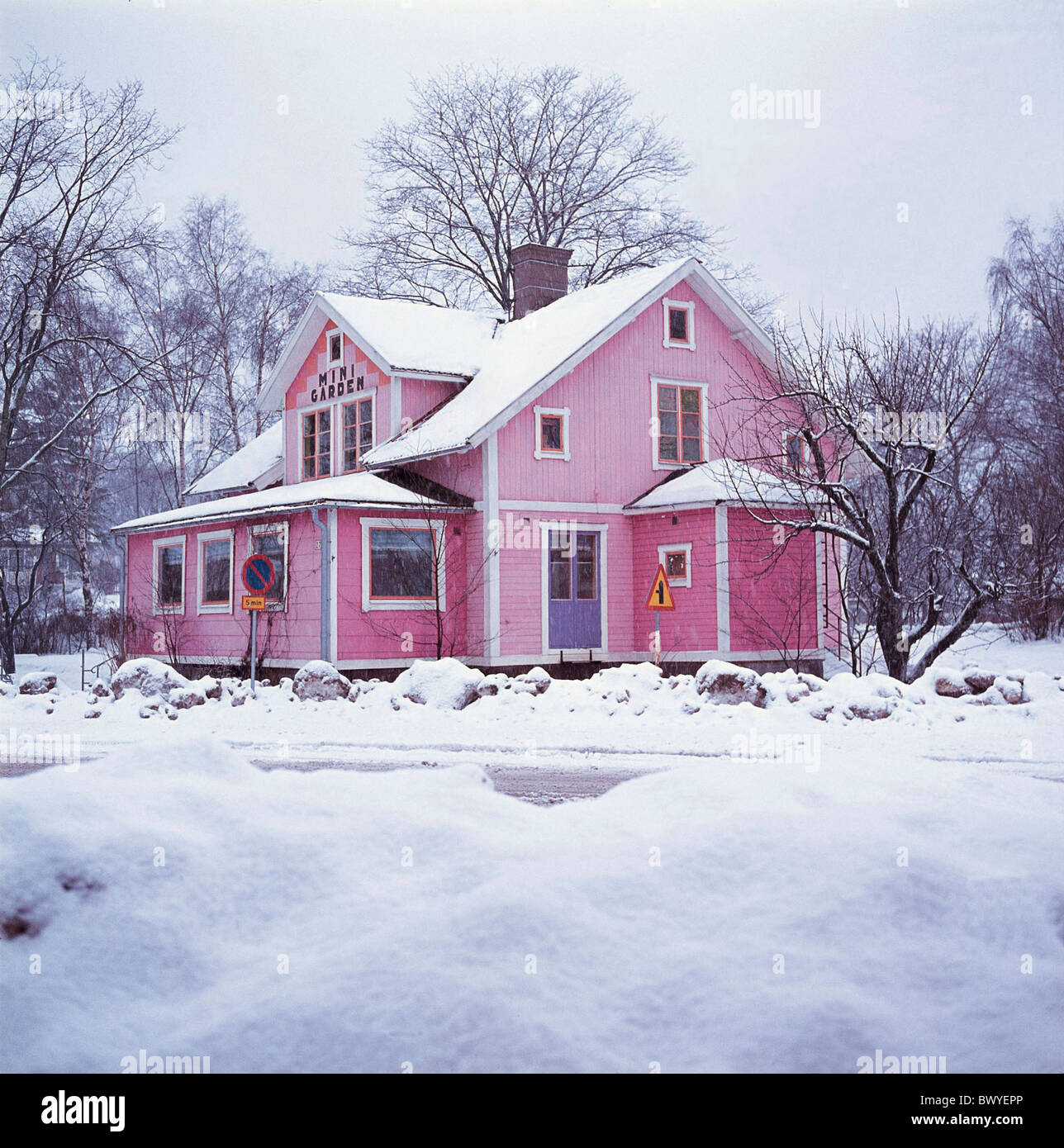 architecture house home timber house mauve Marsta pink snow Sweden ...