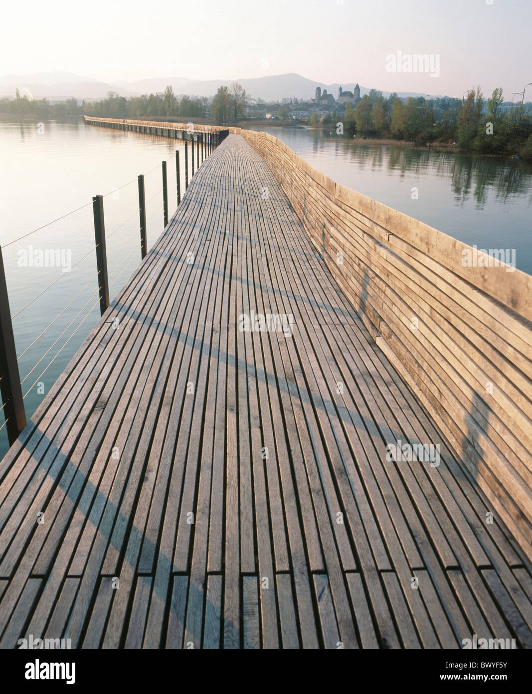 buildings bridge dusk twilight Fussgangerbrucke wood wooden bridge ...